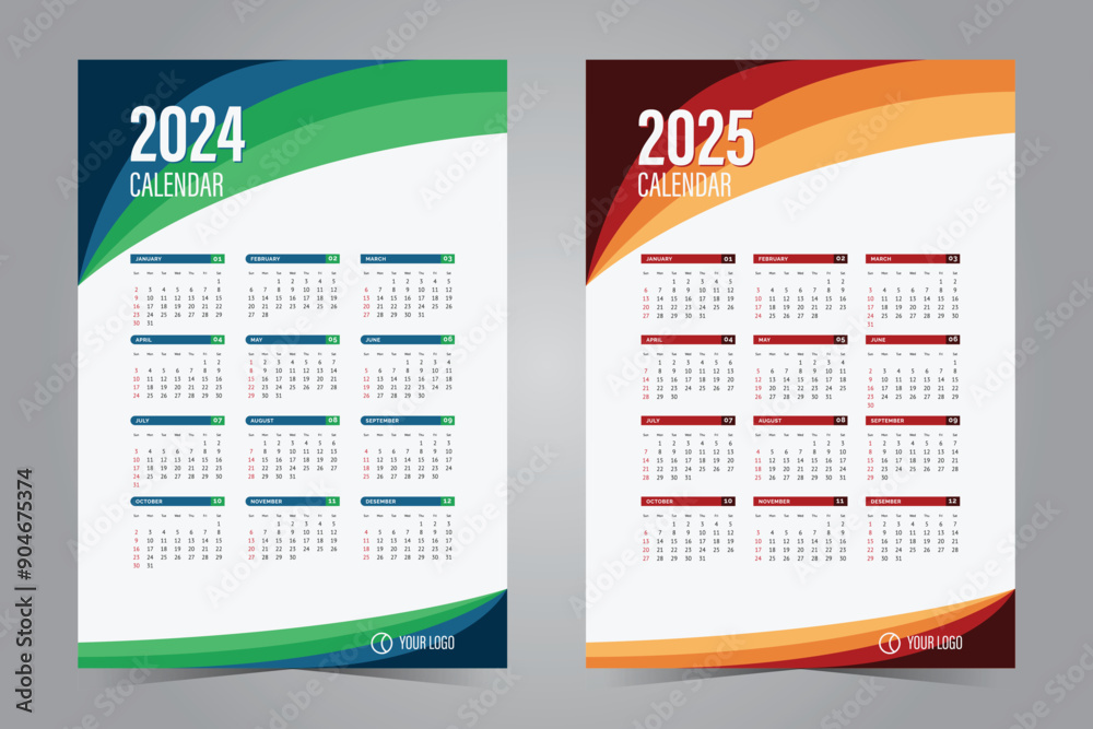 2024 and 2025 wall calendar design template. green and red calendar ...