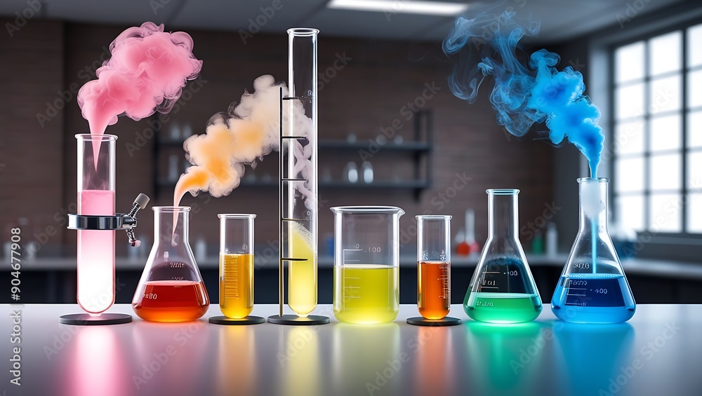 Colored liquids in beakers and test tubes with smoke rising, ideal for ...