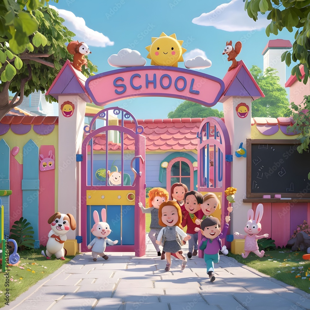 children playing in the school gate. School gate 3d render illustration ...