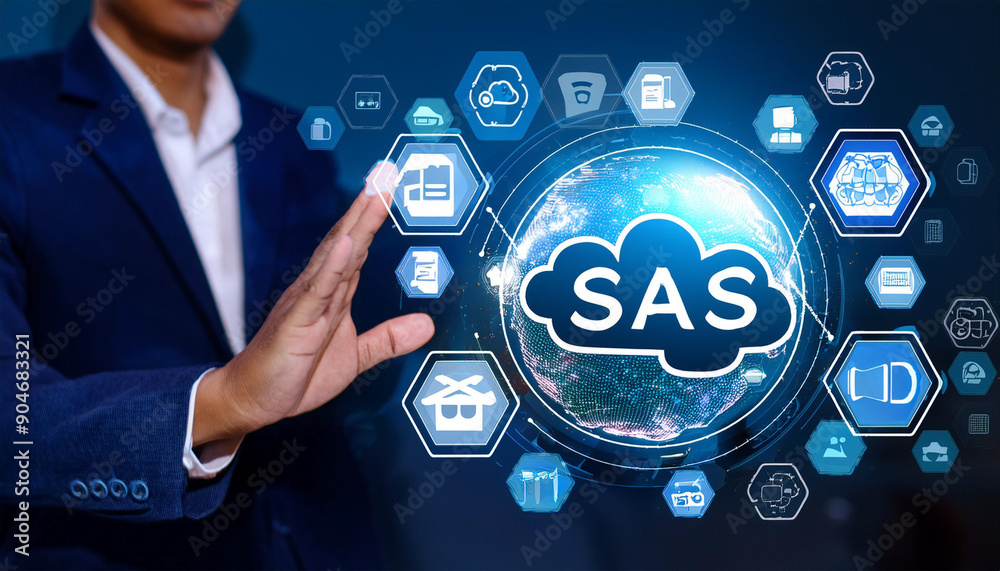 SaaS (software as a service) concept, Businessman show virtual screen ...