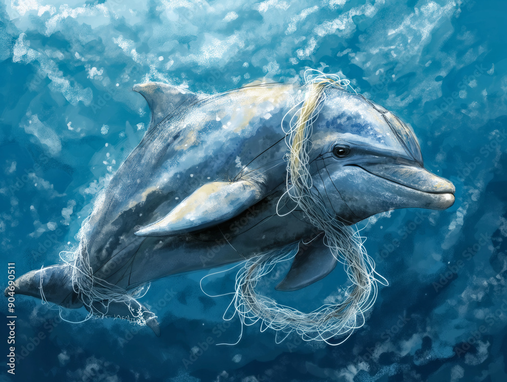 A dolphin is swimming in the ocean with a plastic ring around its neck ...