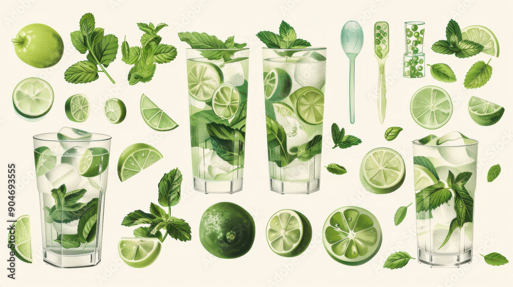 Step-by-step technical drawing for crafting a classic mojito, with a ...