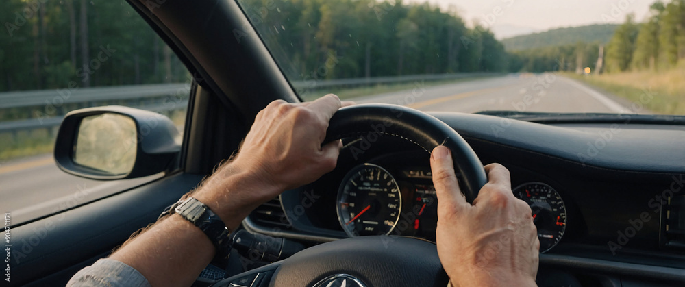 hand holding car driver on steering wheel, road trip, driving on ...