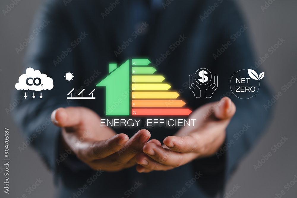 Energy efficiency concept. Person holding energy efficiency rating icon ...