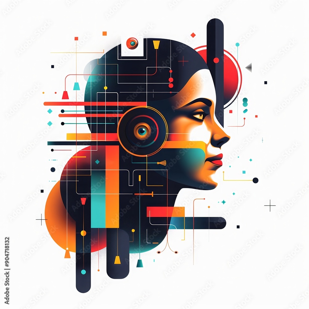 Abstract digital art depicting a female profile with a futuristic ...