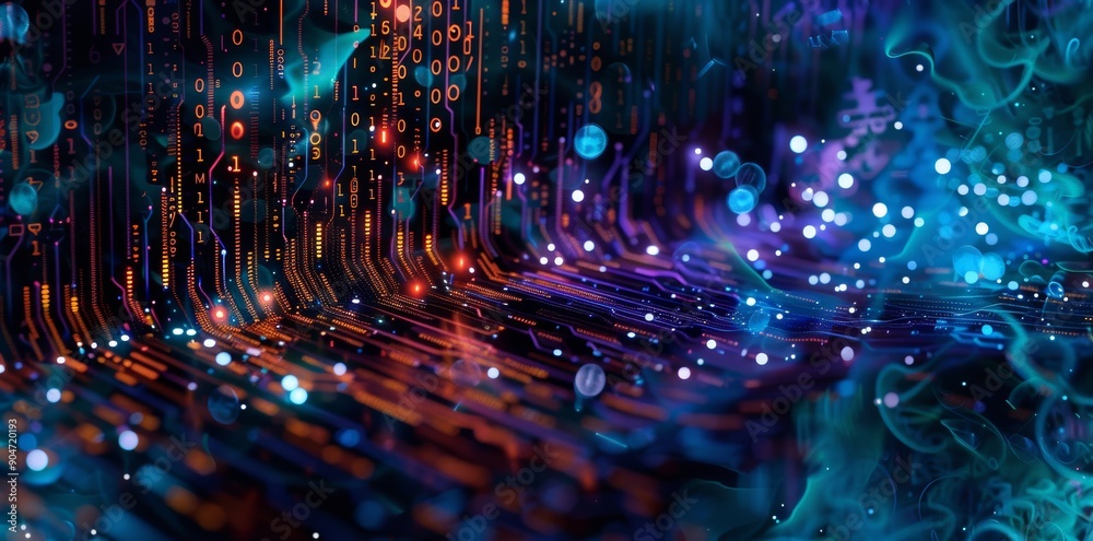 quantum computing blends a detailed circuit board with binary code ...