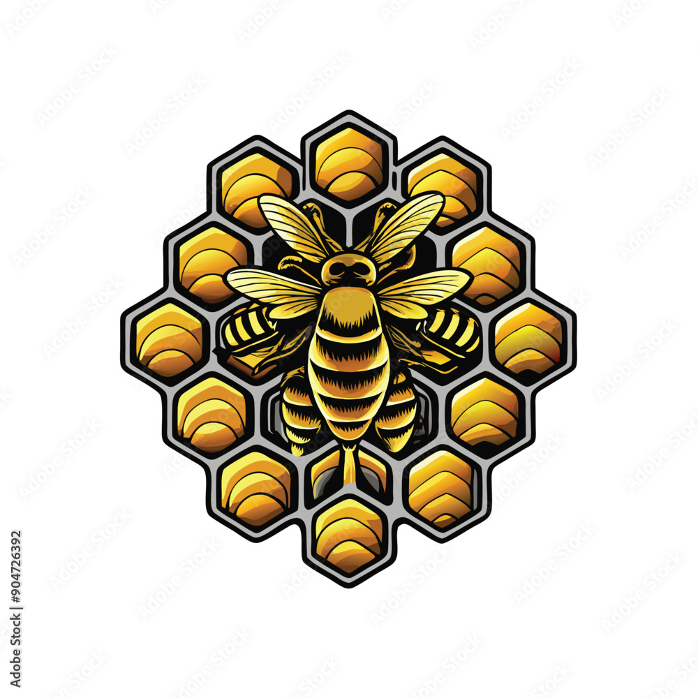 Design a vector graphic of a honeybee hive with a bee inside. The hive ...