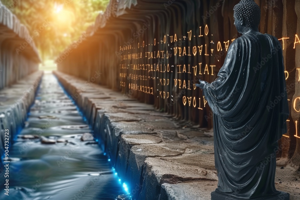 "Ancient philosopher walking through a digital landscape with AI ...