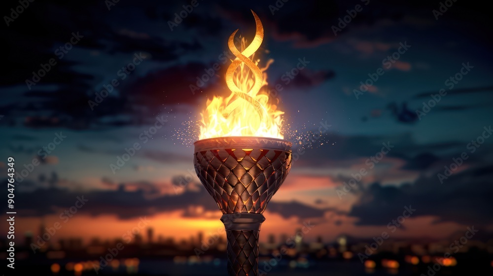 Ceremony of the Olympic Flame: Torch Burning with Sporting Symbols and ...