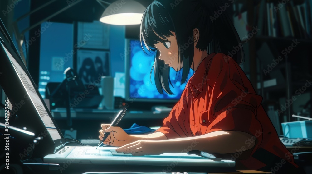 Medium shot of anime girl designing bar chart on graphic tablet ...