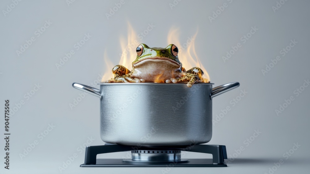 A frog sitting in a pot of boiling water on a stove, depicting the metaphor of 'boiling frog ...