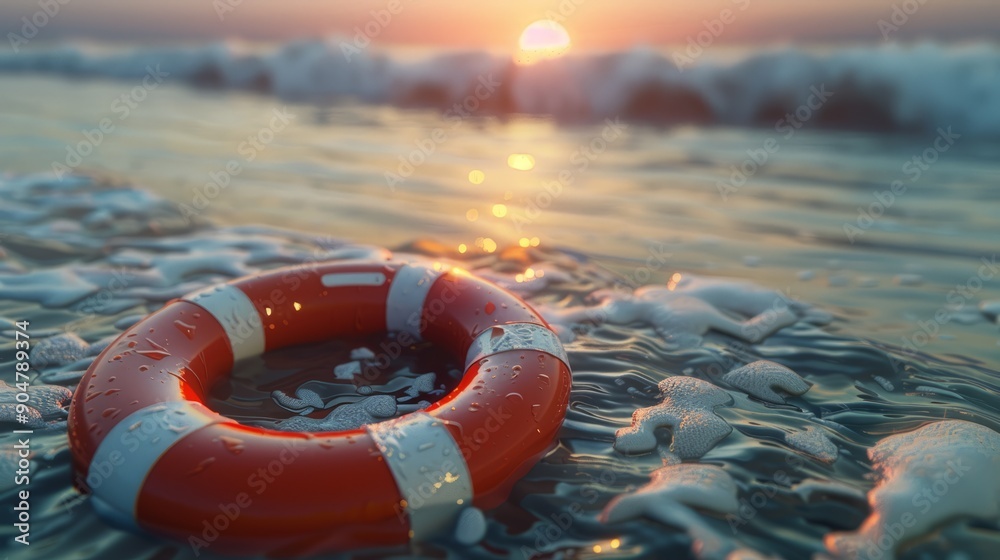 bright red and white lifesaver ring floating on gentle ocean waves at ...