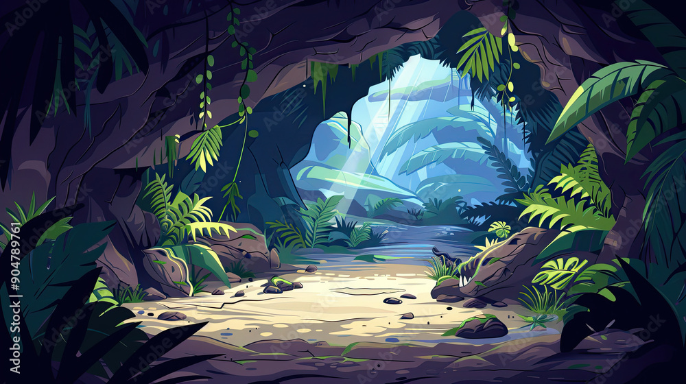 Jungle cave entrance, hole in rock with green trees, grass, moss and ...