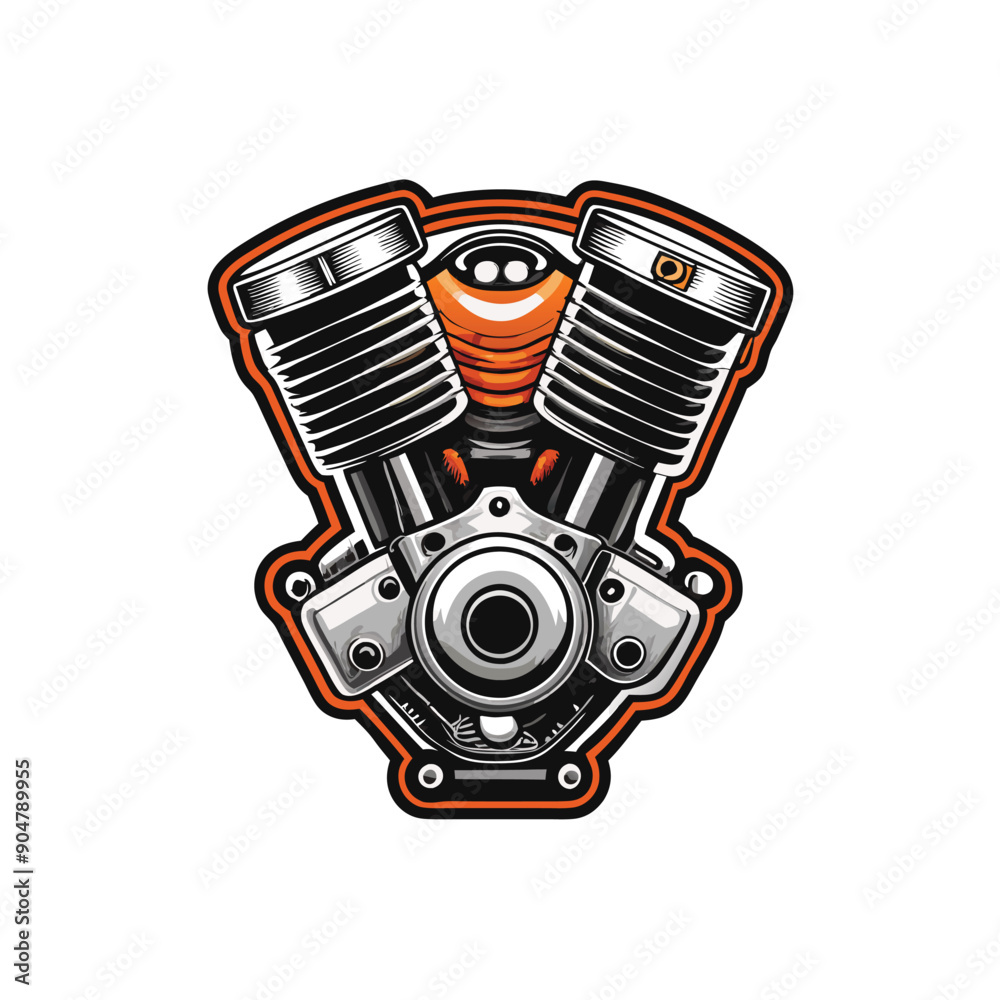 Illustrate a detailed vector of a motorcycle engine, featuring a V-twin ...