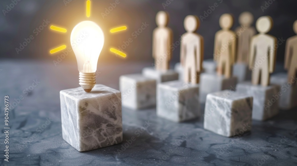 Leader with idea and innovation. Marble block with human symbol and ...