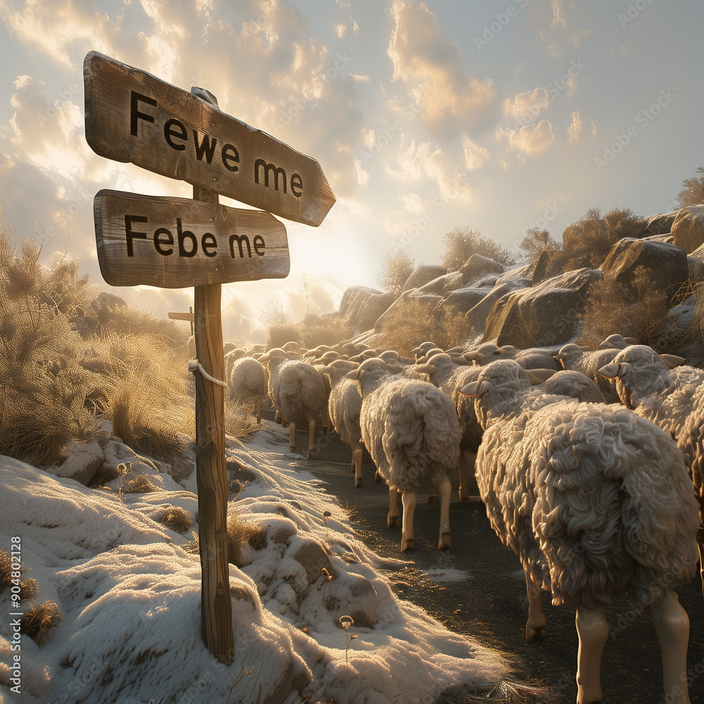 Sheep walking on street or road towards the sign with text follow me ...