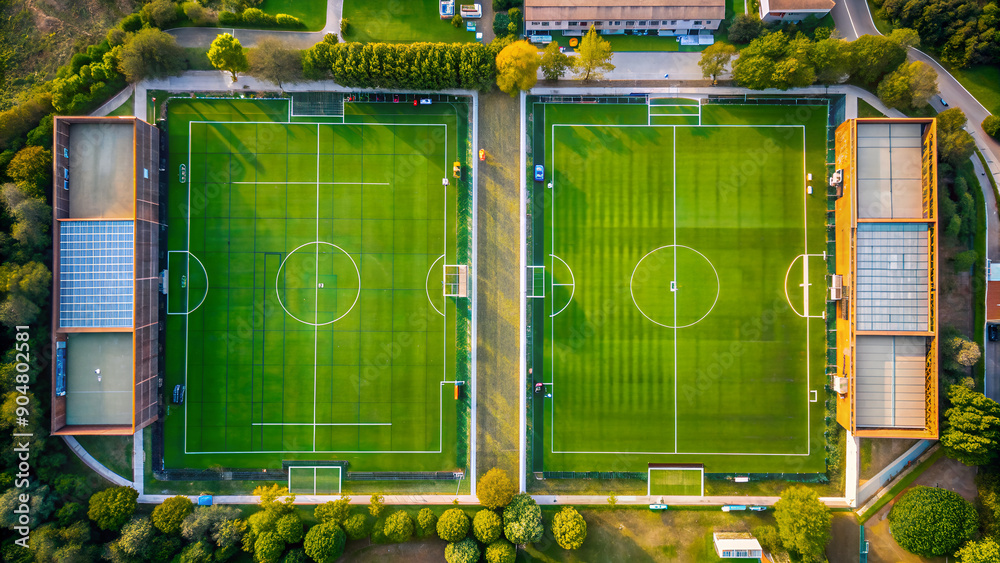 Aerial perspective of a pristine football ground green grass aerial ...