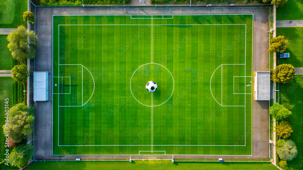 Aerial perspective of a pristine football ground green grass aerial ...