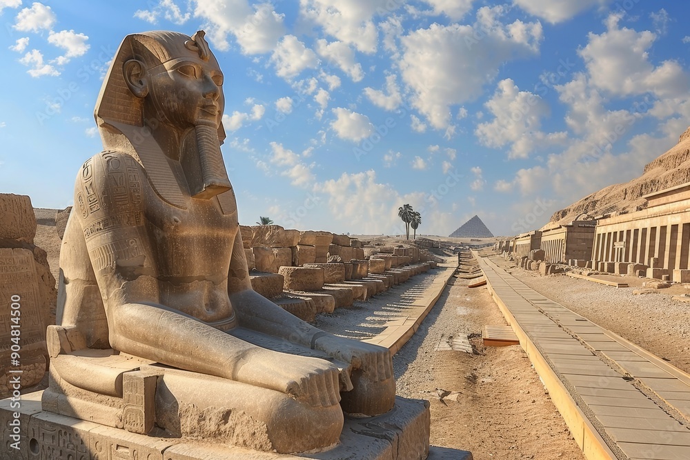 Sphinxes and pyramids in Giza, Egypt, under a clear sky, showcasing ...