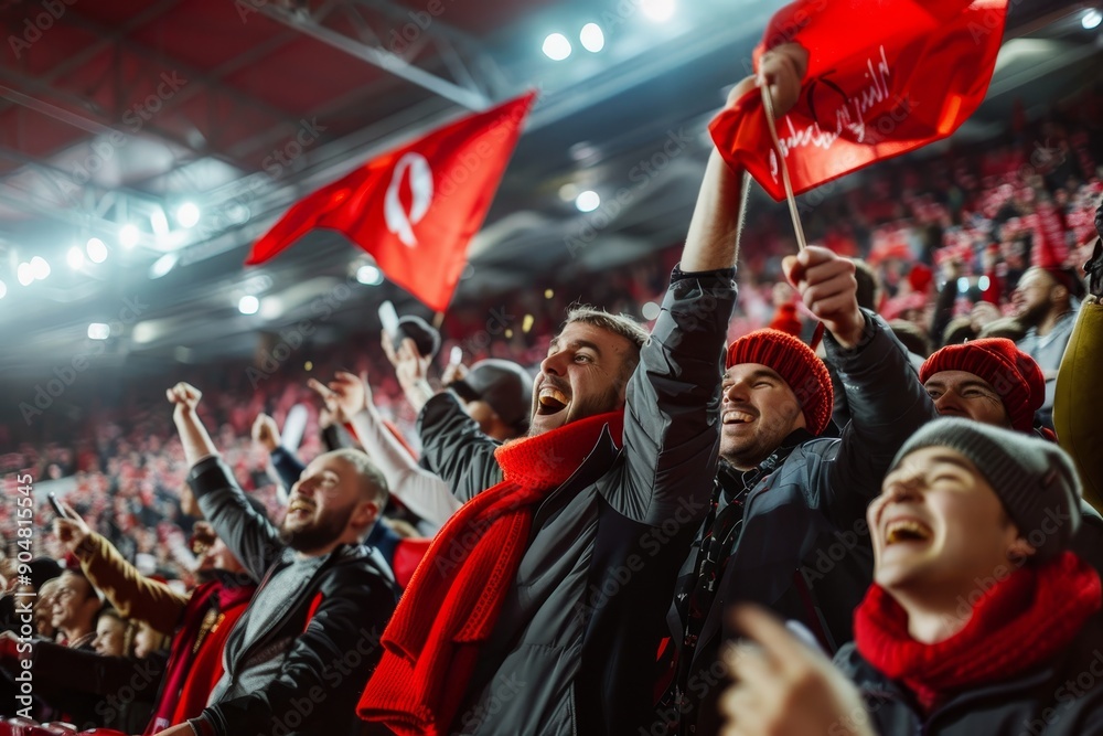 Turkish football fans cheer in the stands, waving red flags in support ...