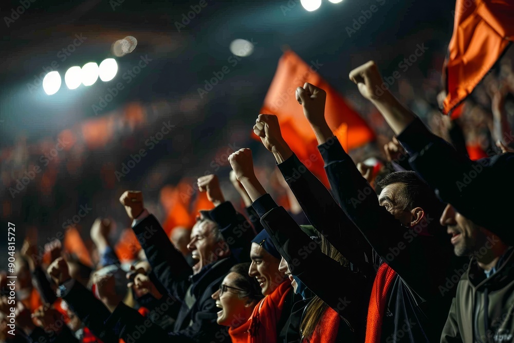 Group of people cheering and waving orange flags in a crowded stadium ...