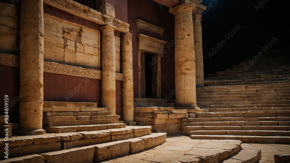 Ancient Greek theater, audience seats, and scenes of a play on stage ...