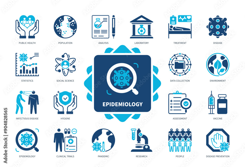 Epidemiology icon set. Public Health, Pandemic, Disease, Clinical Trail ...