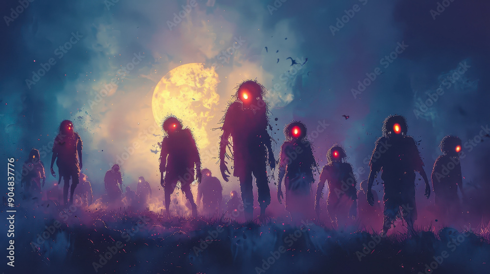 Nighttime Zombie Horde Under Full Moon, Digital Art, Halloween Theme ...
