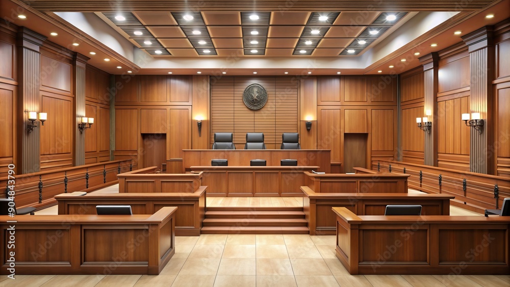 An empty, modern courtroom with wooden benches, tables, and a judge's ...