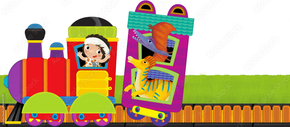 Cartoon funny looking colorful train locomotive wagon with dino ...