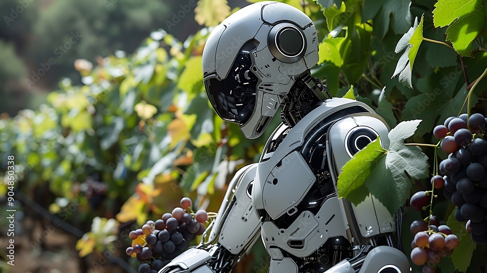 Animal robot in a futuristic vineyard with robotic grape pickers and ...