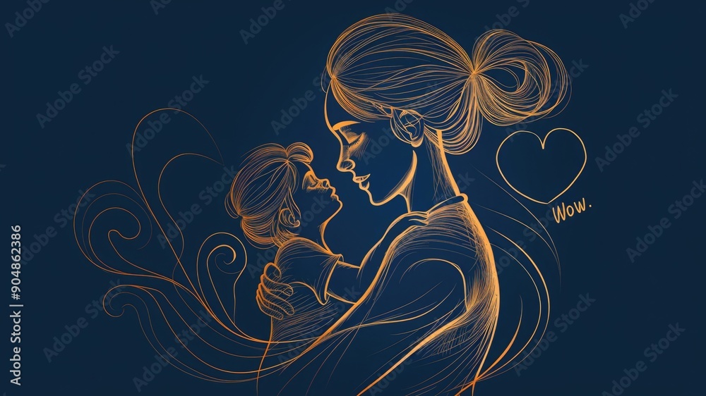 Charming line art of a mother hugging her child, lines forming a heart ...