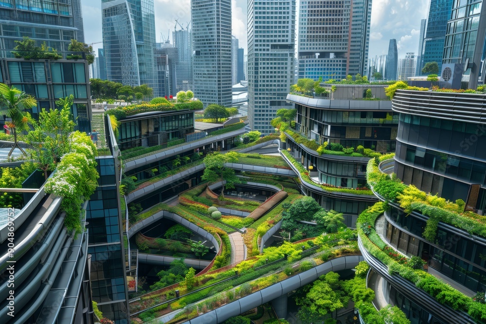 Sustainable urban landscape featuring green roofs, solar energy, and ...