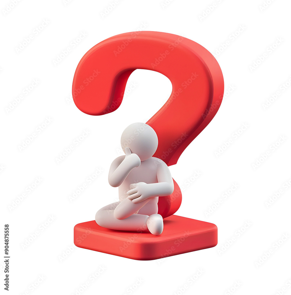 3D icon of a red question mark with a thinking person on transparent ...