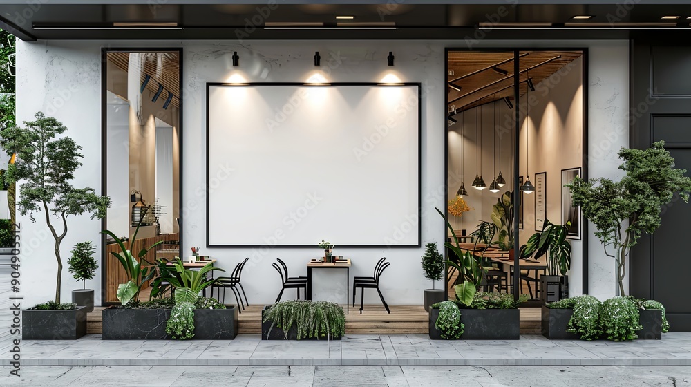 A white blank storefront mockup featuring a large billboard banner for ...