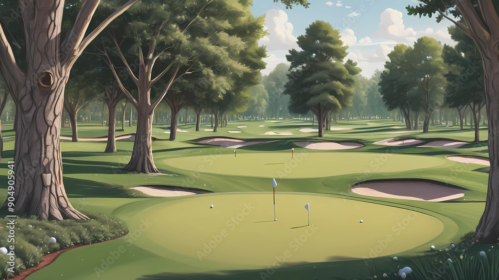 Trees lining a fairway with a golf ball in the middle of the fairway ...