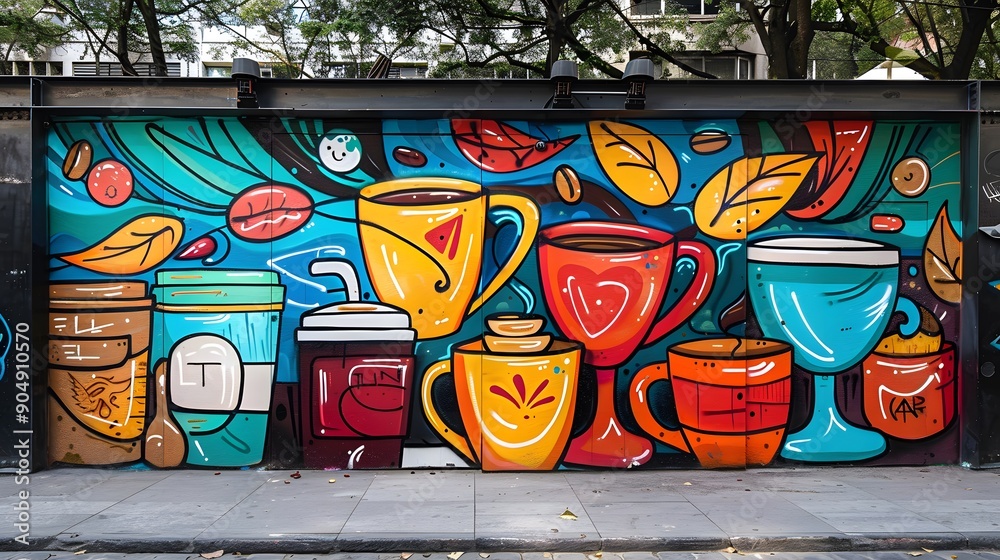 Graffiti Art Depicting Coffee Elements with Vibrant Colors and Urban ...