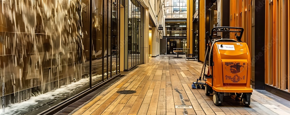 Compact cleaning trolley in a stylish office lobby, positioned next to ...
