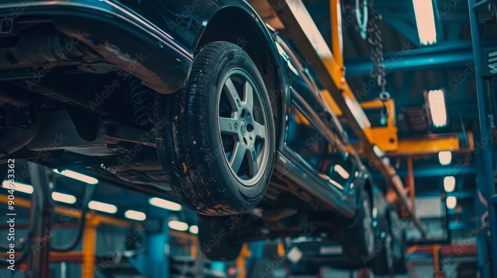 Auto repair shop mechanics working on car s chassis, transmission, and ...