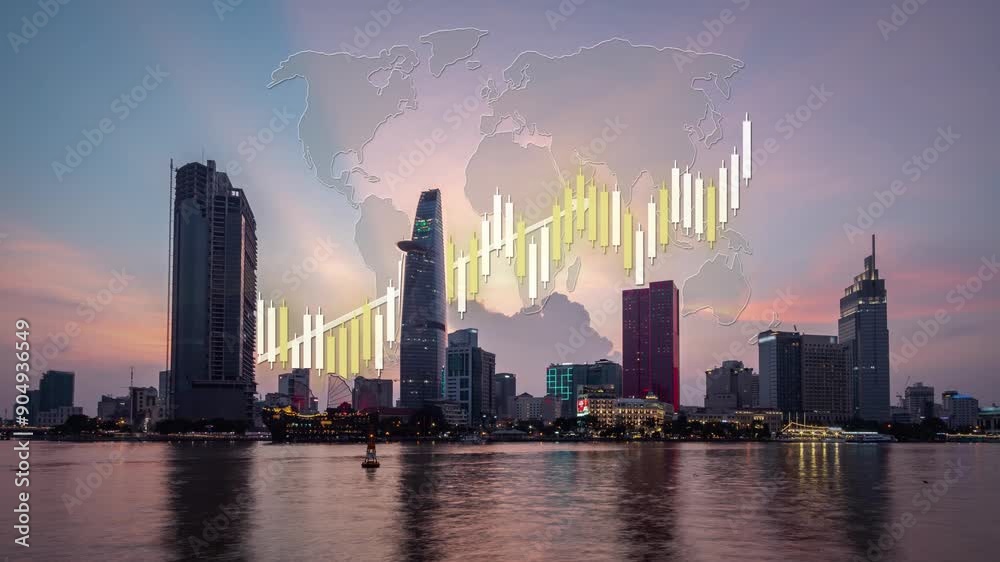 Time lapse of Smart city skyline with uptrend market chart as ...