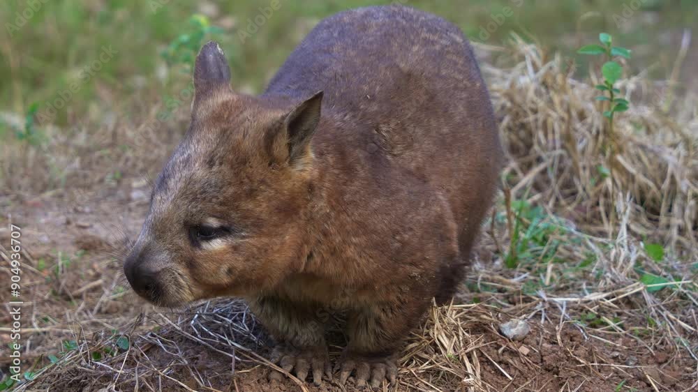 Southern hairy-nosed wombat, a short-legged, muscular quadrupedal ...