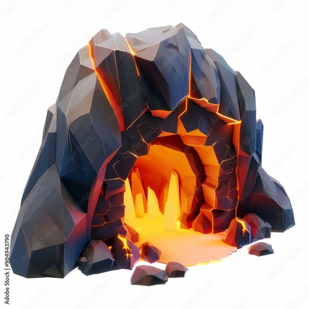 D Render, Low Poly style of lava cave entrance, on isolated white ...