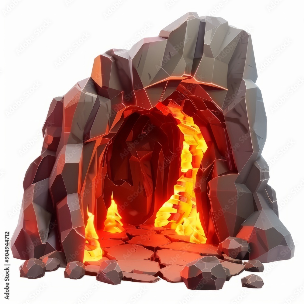 D Render, Low Poly style of lava cave entrance, on isolated white ...