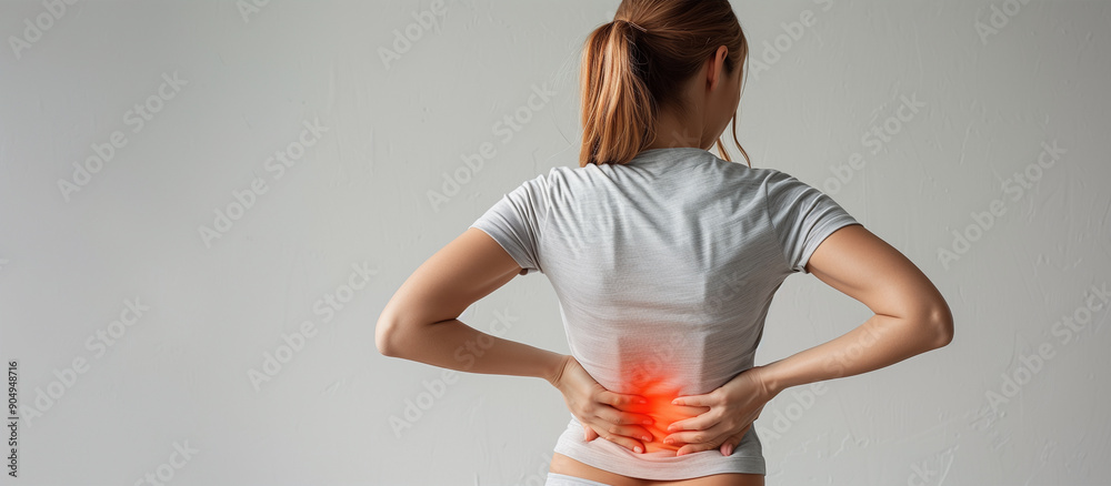 Woman is holding her lower back, while standing and suffering. Chronic ...