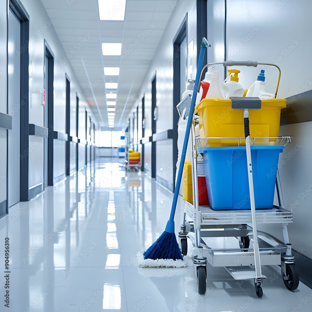 janitorial cart with mop, bucket, and cleaning supplies, in a school ...