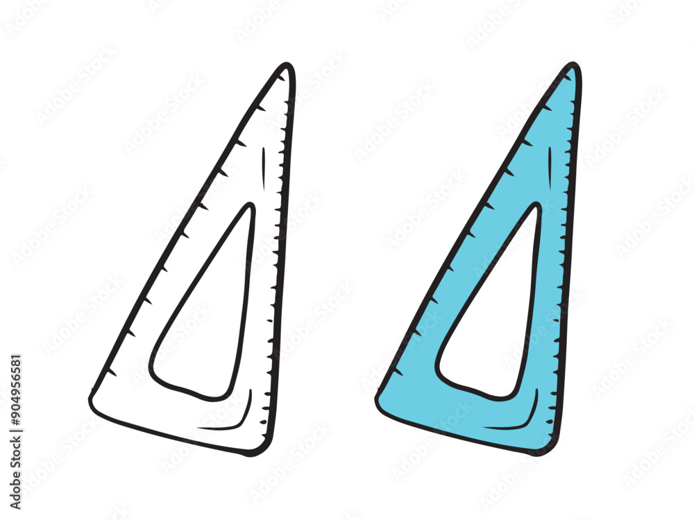 Triangular ruler in blue color isolated on white background. Hand drawn ...