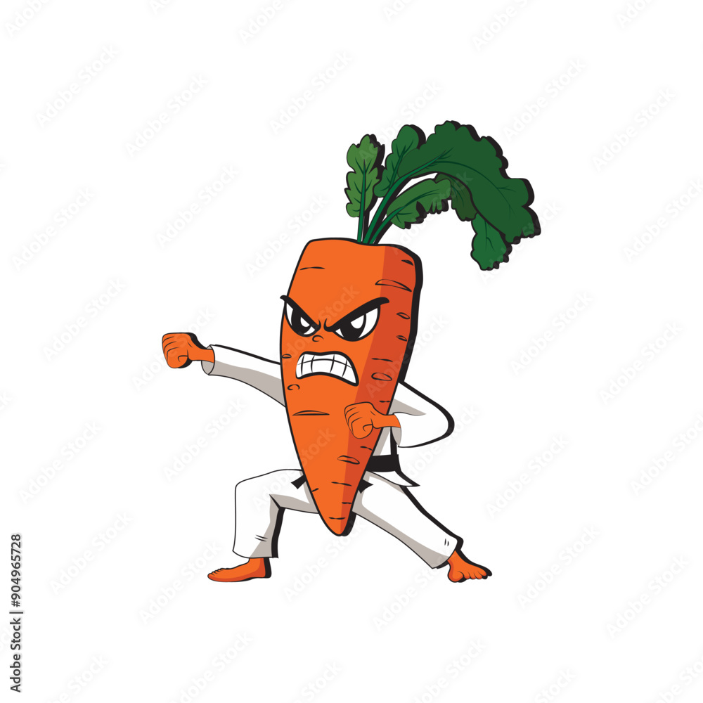 Funny angry carrot cartoon in karate costume performing martial arts ...
