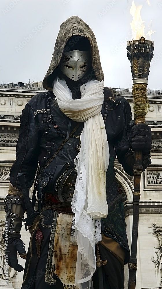 Masked Warrior Holding Torch Amidst Paris Olympic Backdrop: Mystical ...