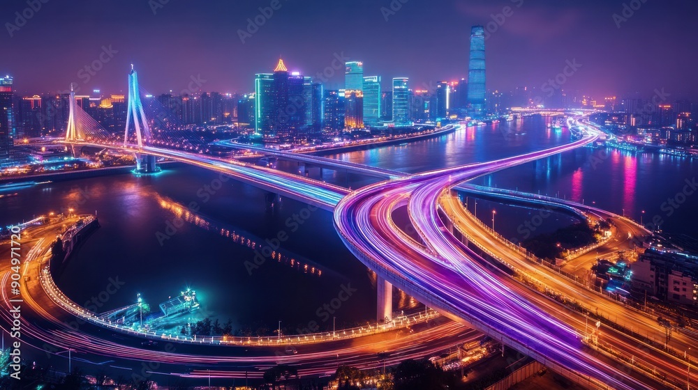 Shanghai, China's Nanpu Bridge twinkles with lights at night. Stock ...