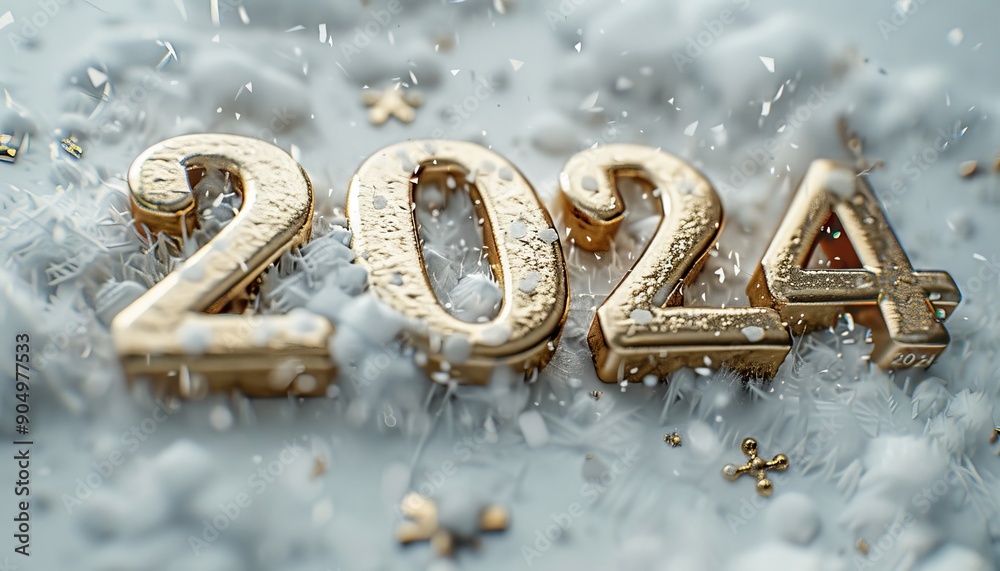 Golden 2024 numbers on a snowy white background with festive lights and ...